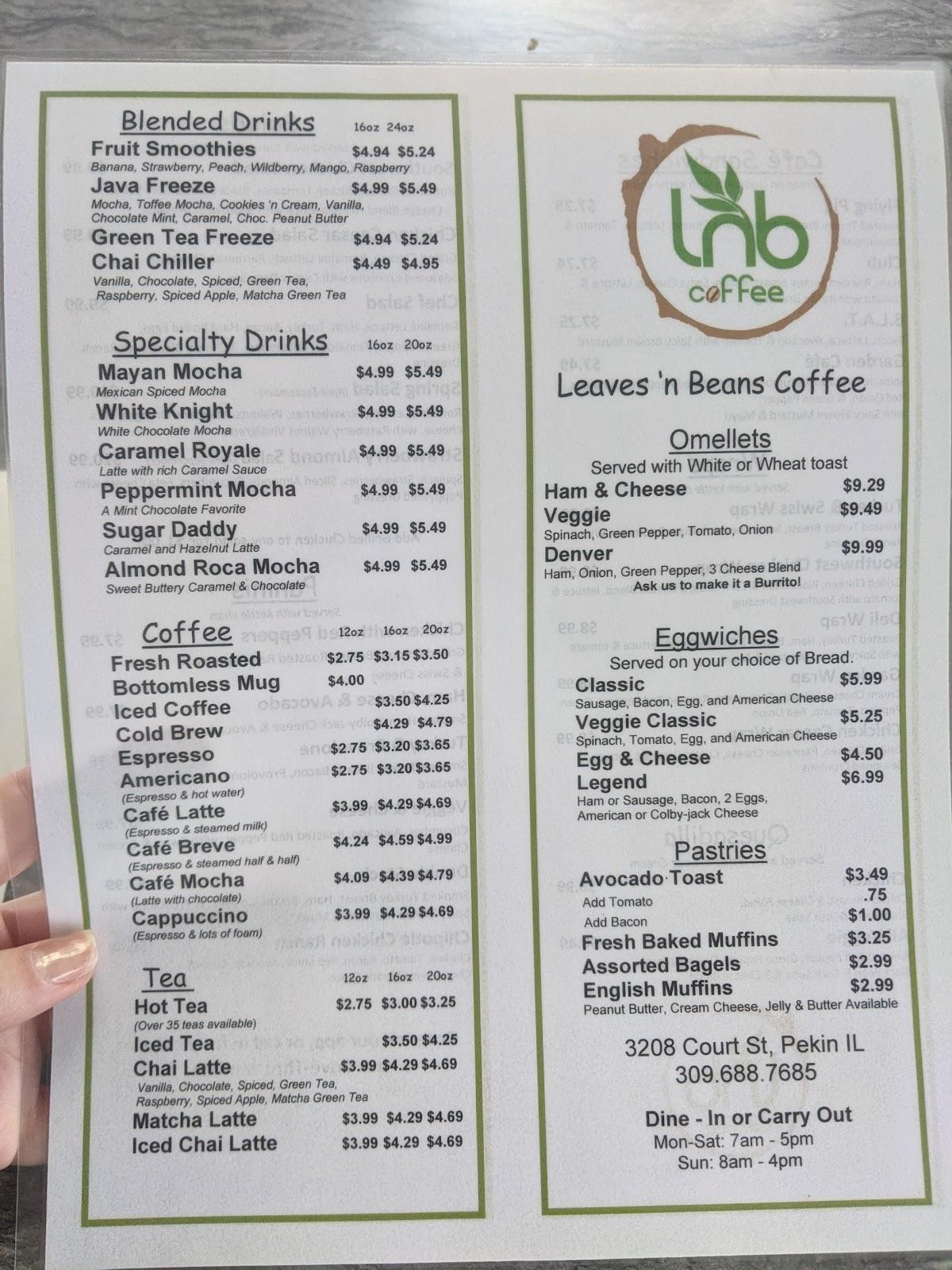 Menu at Leaves 'n Beans Coffee, Pekin