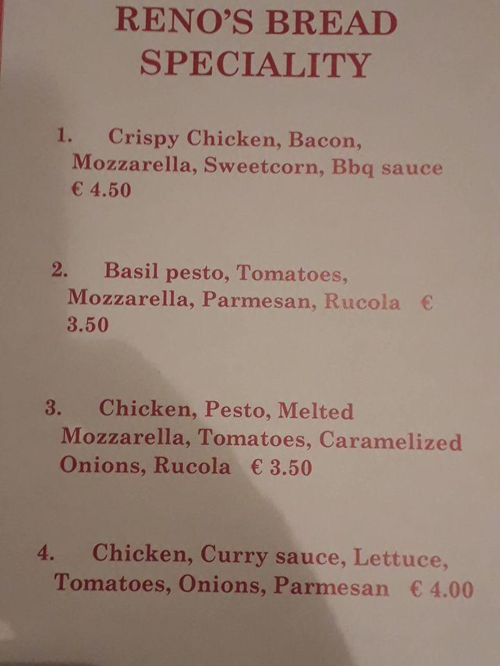 Menu at Reno's Caffe restaurant, Valletta