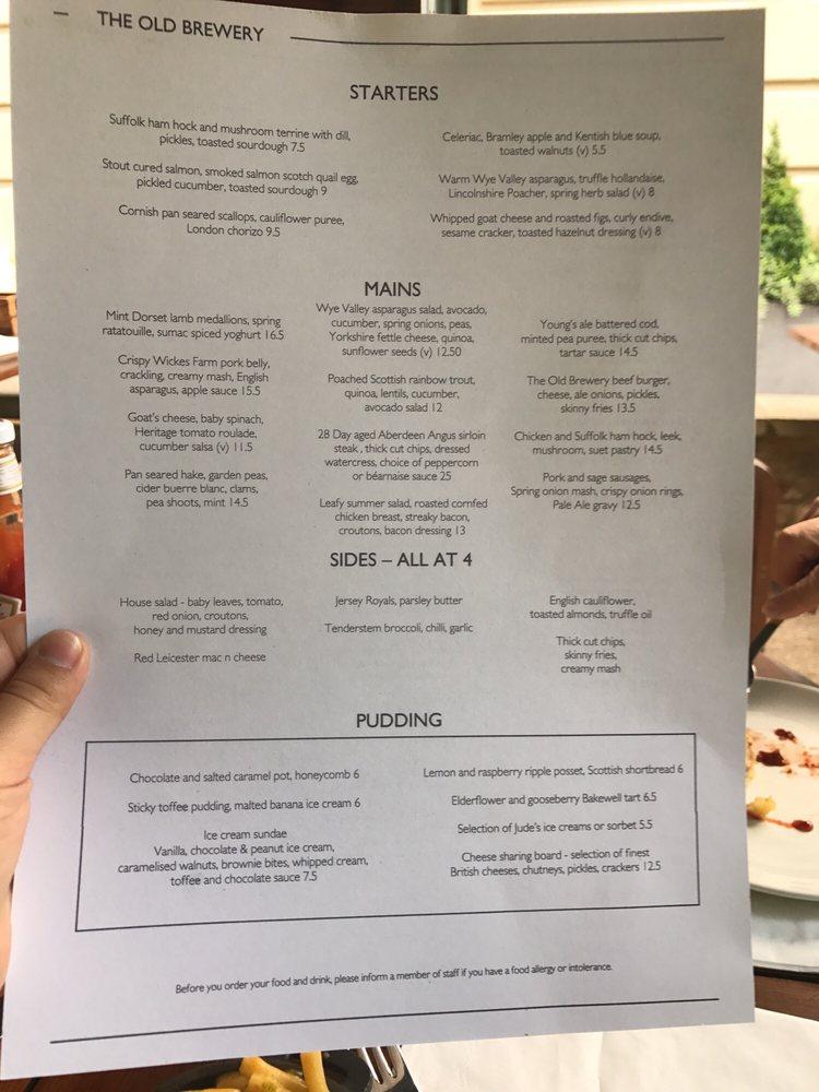 Menu at The Old Brewery pub & bar, London