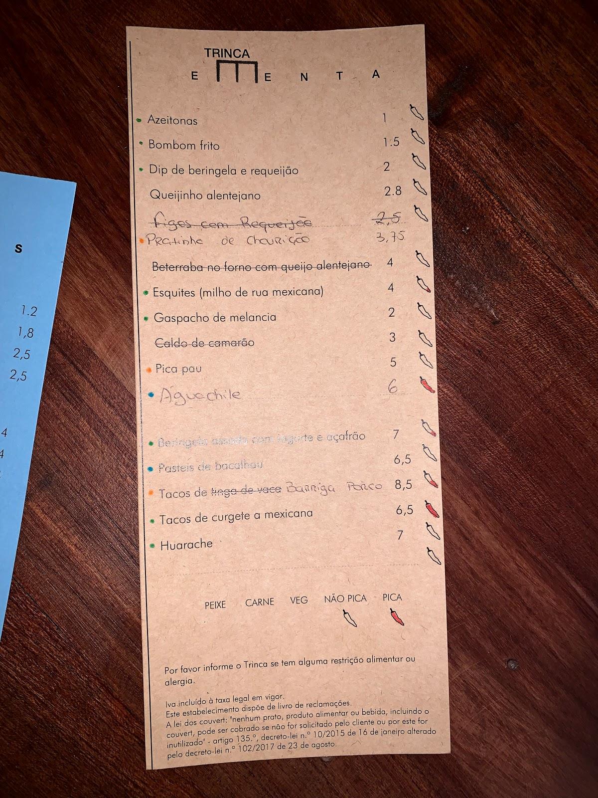 Menu at Trinca restaurant, Lisbon