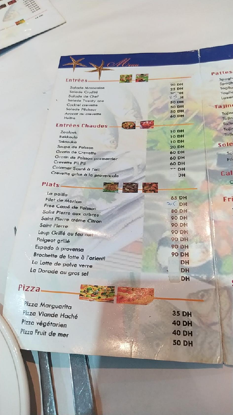 Menu at Twenty One restaurant, Rabat