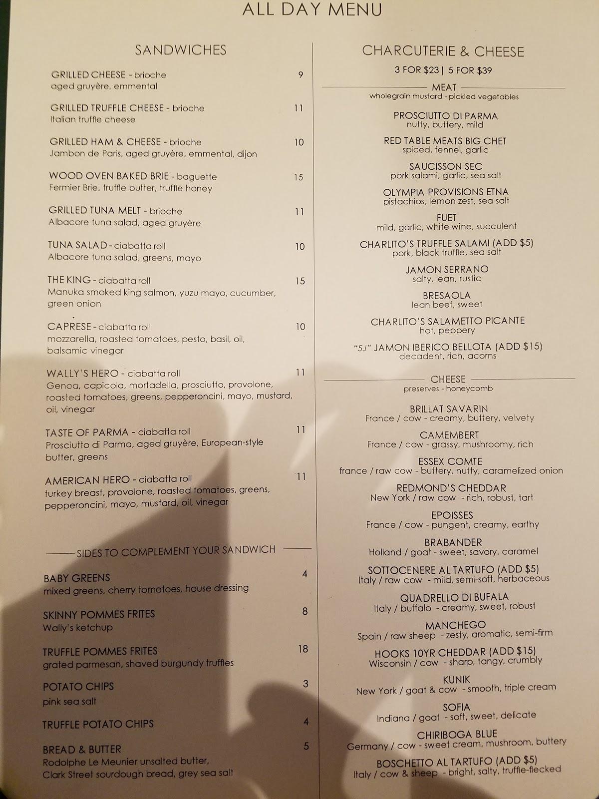 Menu at Wally's Beverly Hills restaurant, Beverly Hills, 447 N Canon Dr