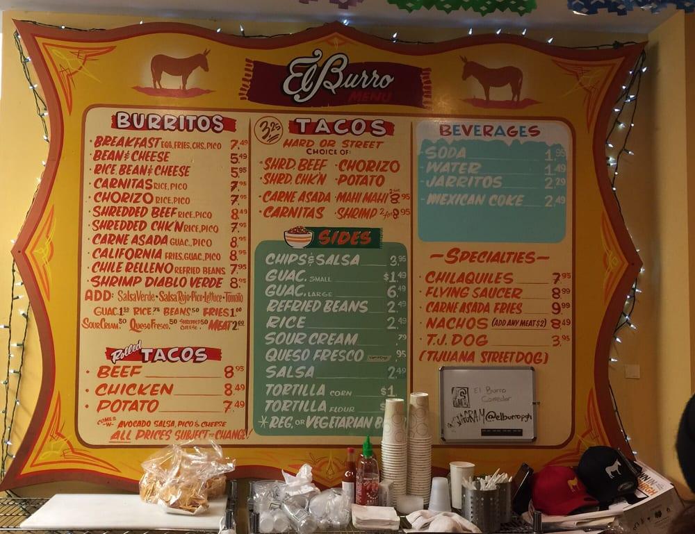 Menu at El Burro Uno restaurant, Pittsburgh, Federal St