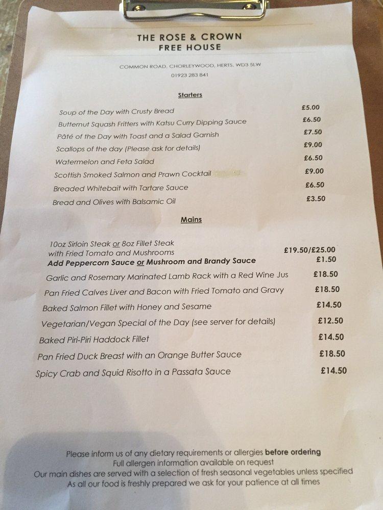 Menu at Rose and Crown - Chorley Wood pub & bar, Rickmansworth, Old ...