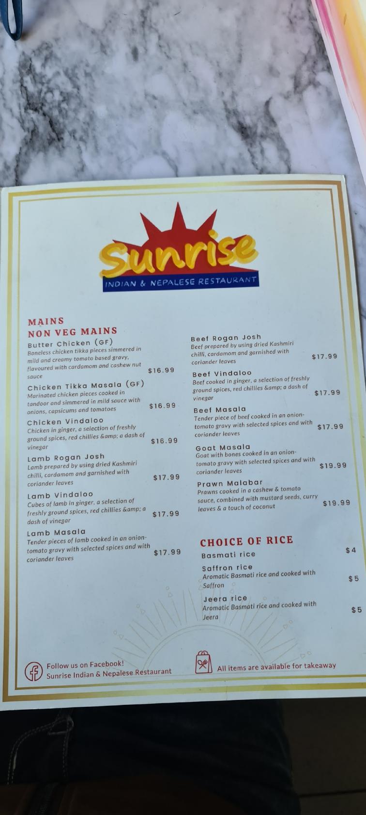 Menu at Sunrise Indian and Nepalese Restaurant, Plympton