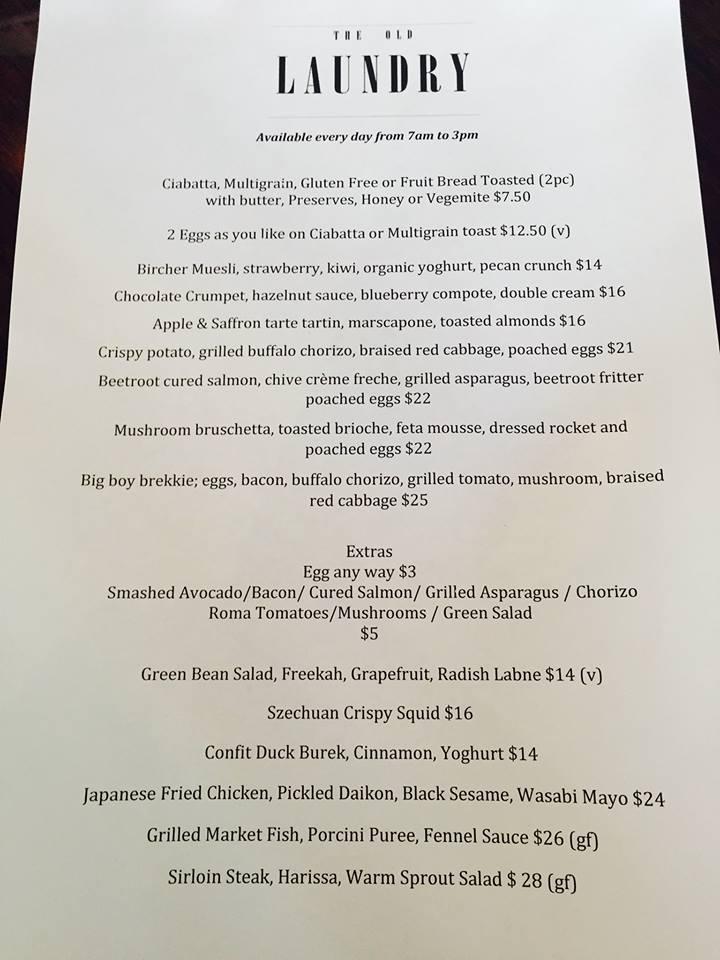 Menu at The Old Laundry Bar & Kitchen, North Perth