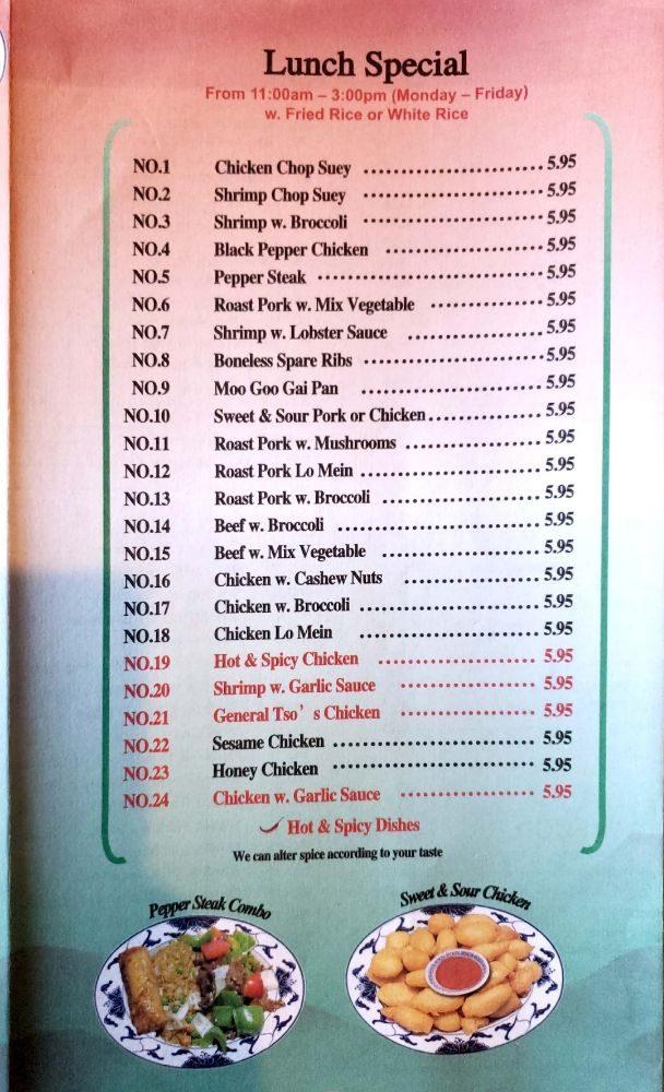 Menu at China Buffet restaurant, Beebe
