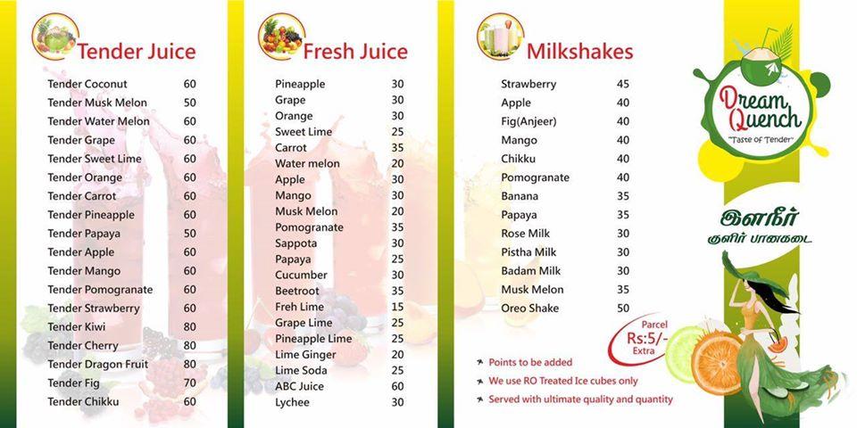 Menu at Dream Quench, Chennai, AH 73/1