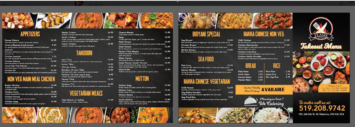 Menu at Flame Indian Cuisine & take out restaurant, Waterloo