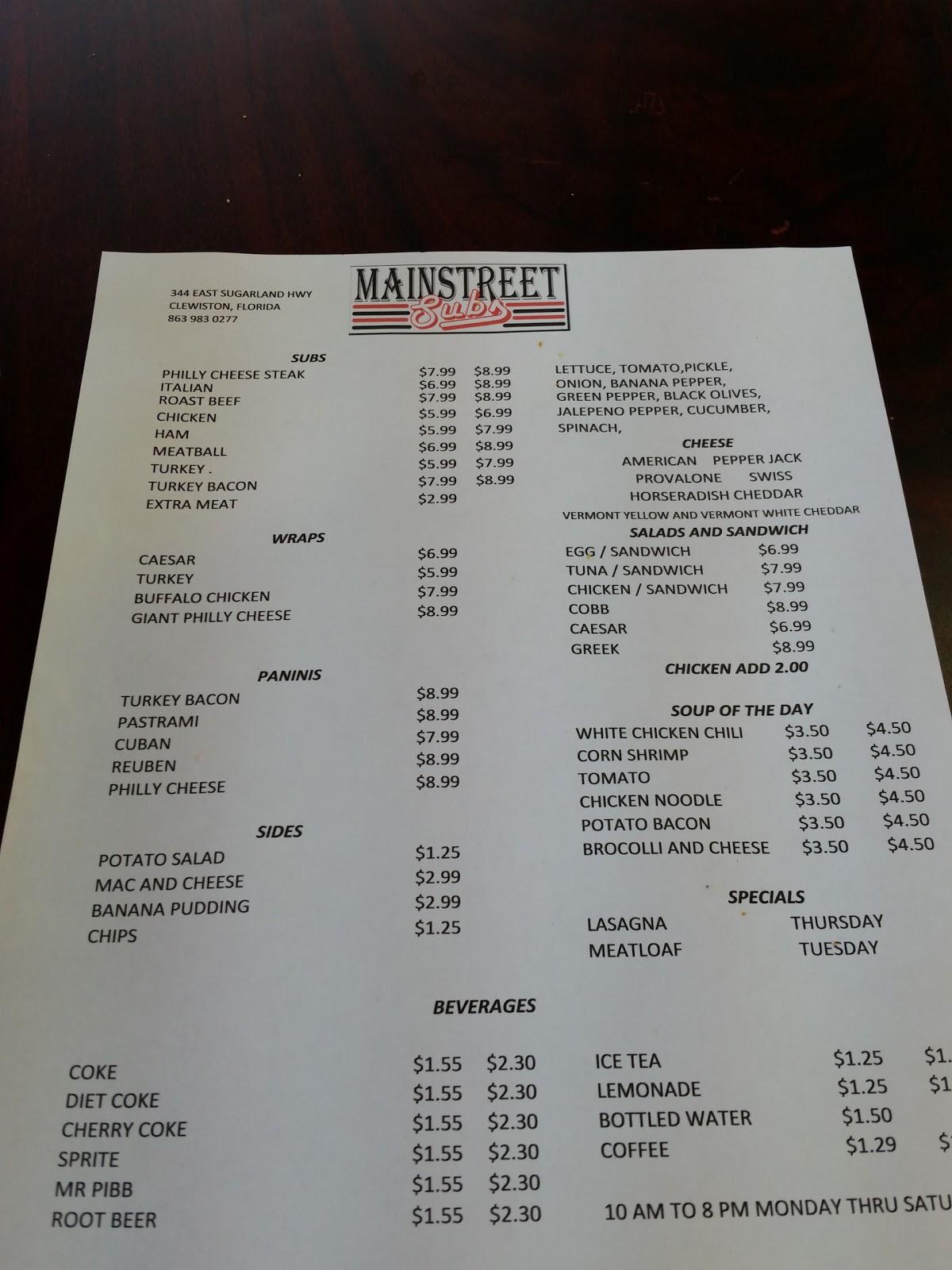 Menu at Main Street Subs and Pizza restaurant, Clewiston