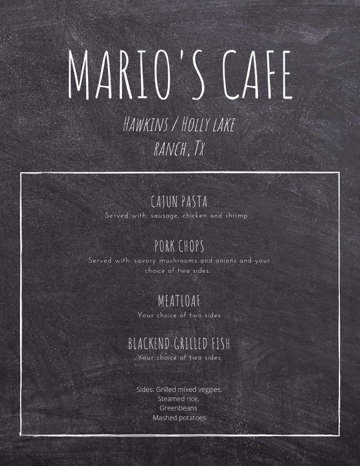 Menu at Mario's Cafe, Holly Lake Ranch