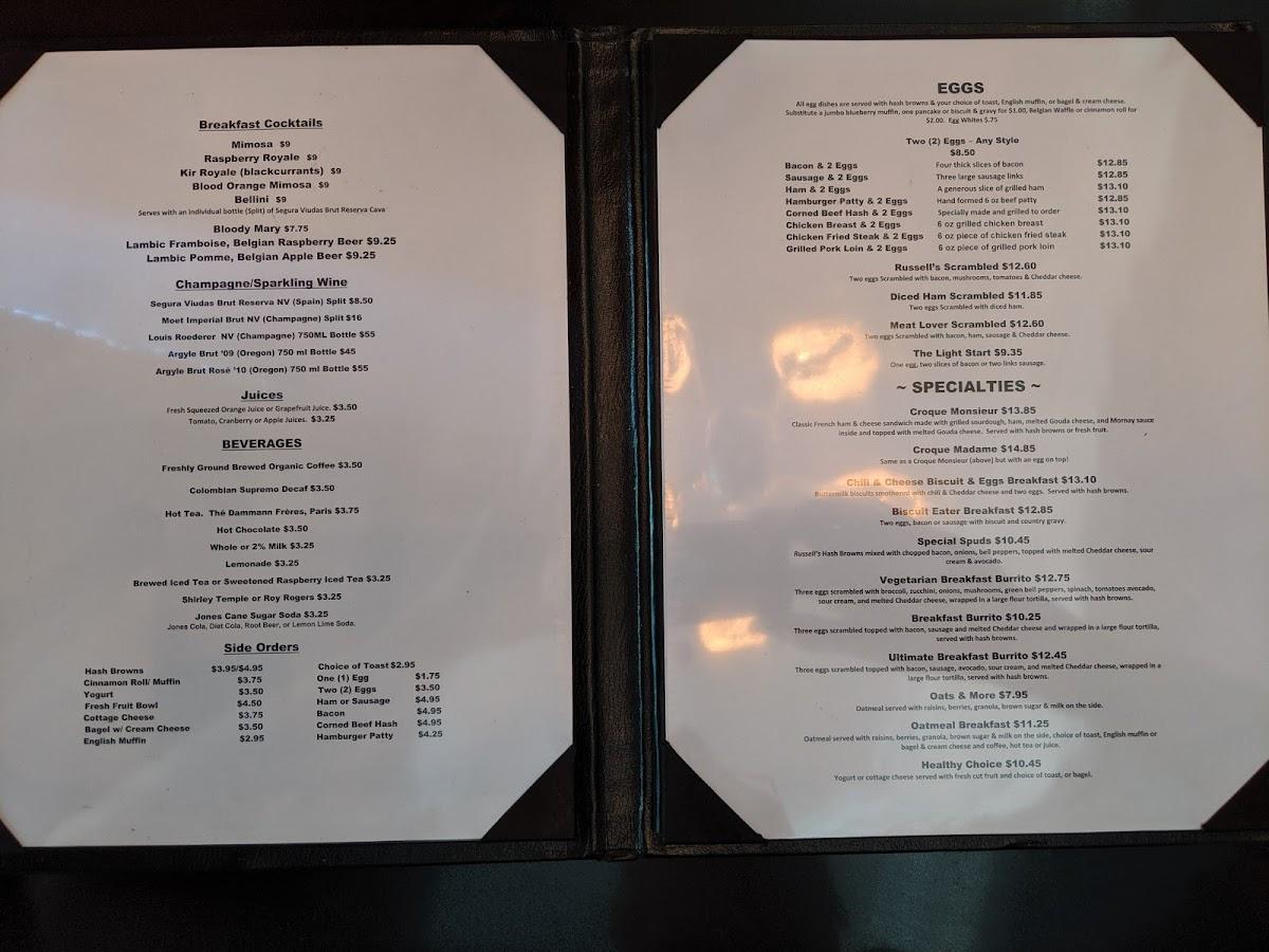 Menu at Russell's restaurant, Pasadena