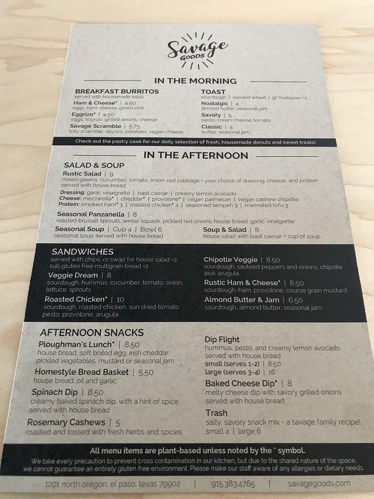 Menu at Savage Goods cafe, El Paso