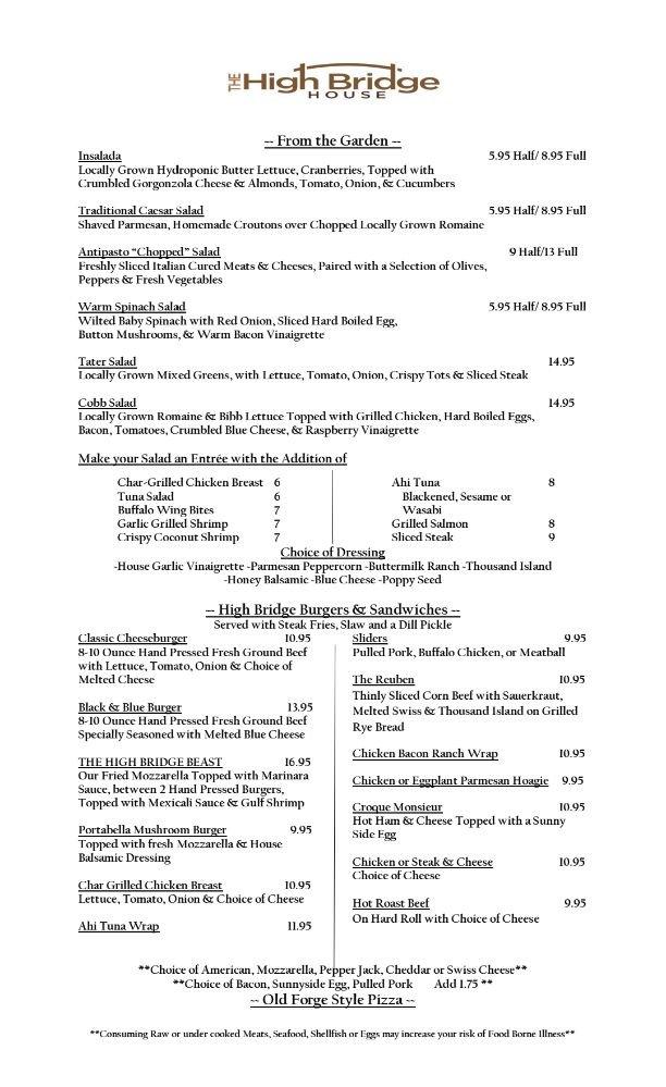 Menu at The High Bridge House pub & bar, Scranton, PA-502