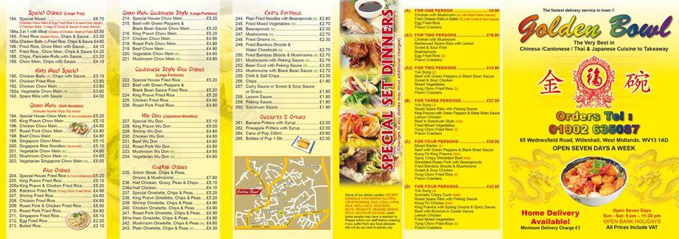 Menu at The Golden Bowl fast food, Willenhall, 65 Wednesfield Rd