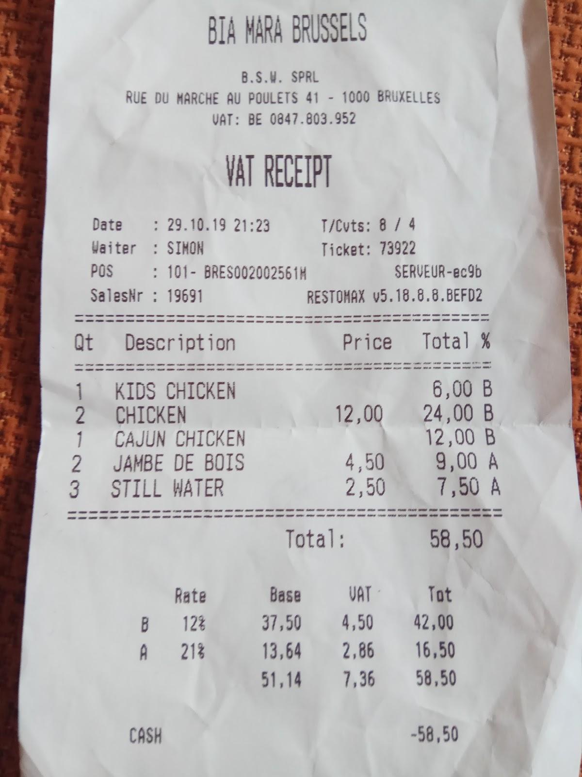 Menu at Bia Mara, Brussels, Rue du Marché aux Poulets 41