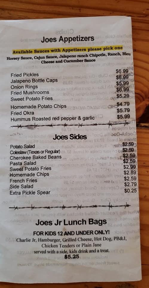 Menu at Buffalo Joes restaurant, La Vernia
