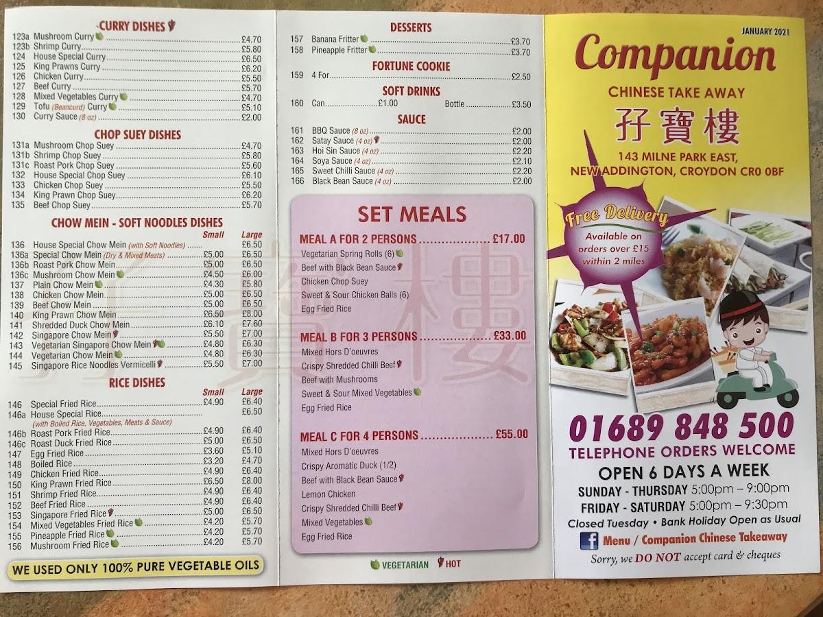 Menu at Companion Chinese Takeaway fast food, Croydon, 143 Milne Park E