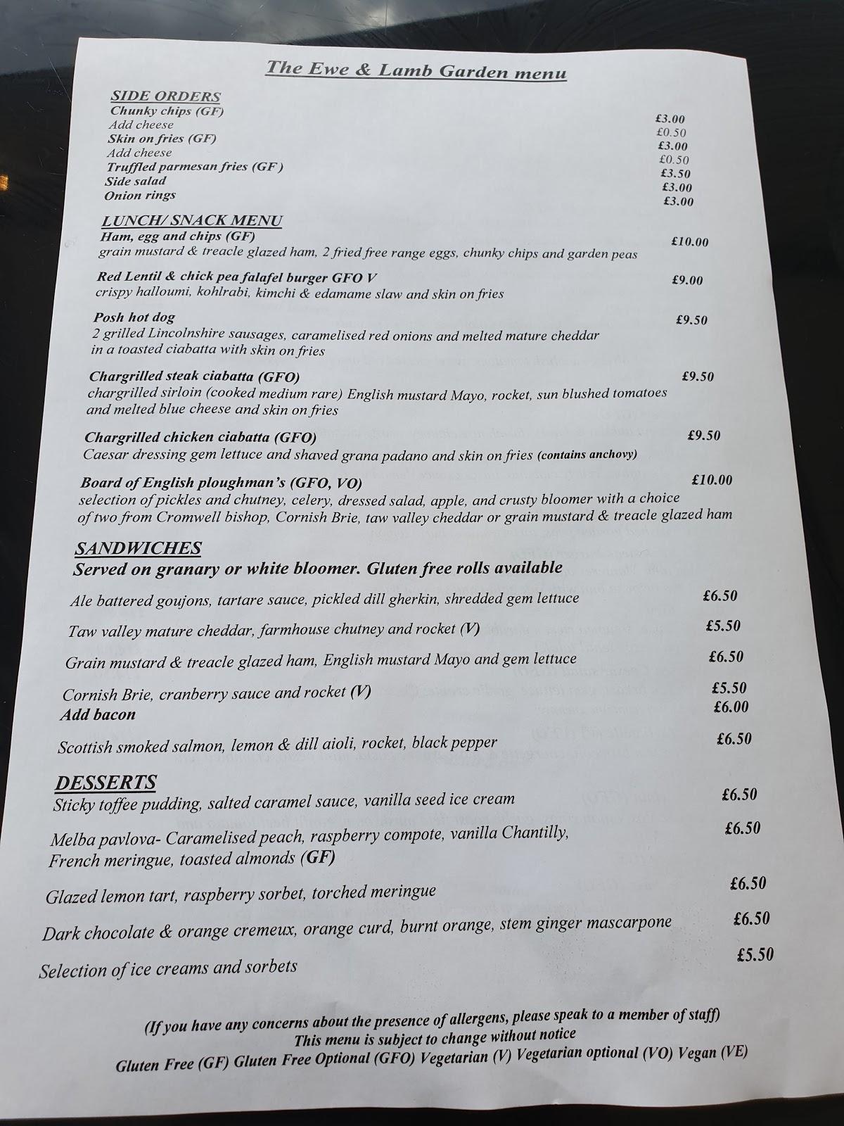 Menu at Ewe & Lamb pub & bar, Bromsgrove