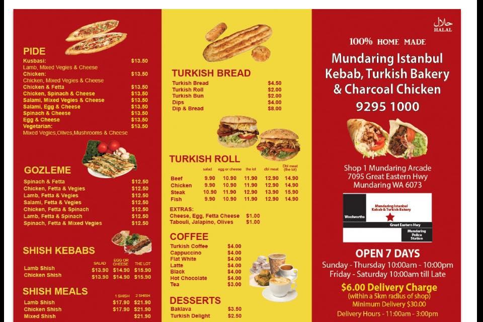 Menu at Mundaring Istanbul Kebab and Turkish Bakery, Mundaring