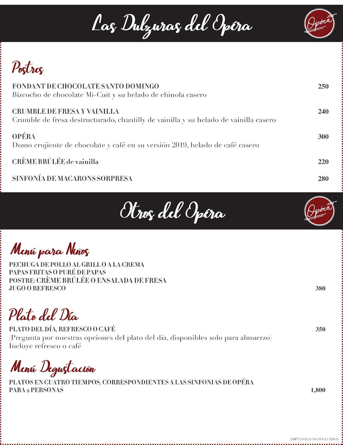 Menu at Opéra Restaurant, Santiago De Los Caballeros
