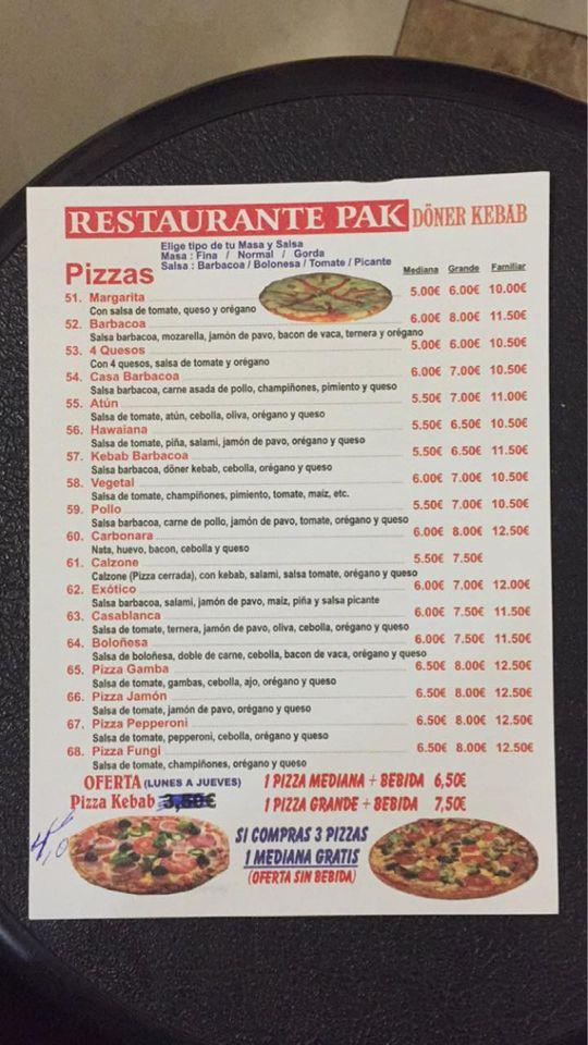 Menu at Pak, Döner Kebab restaurant, Elche