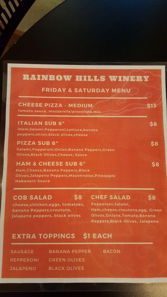 Menu at Rainbow Hills Winery, Brewery & Pizzeria, USA