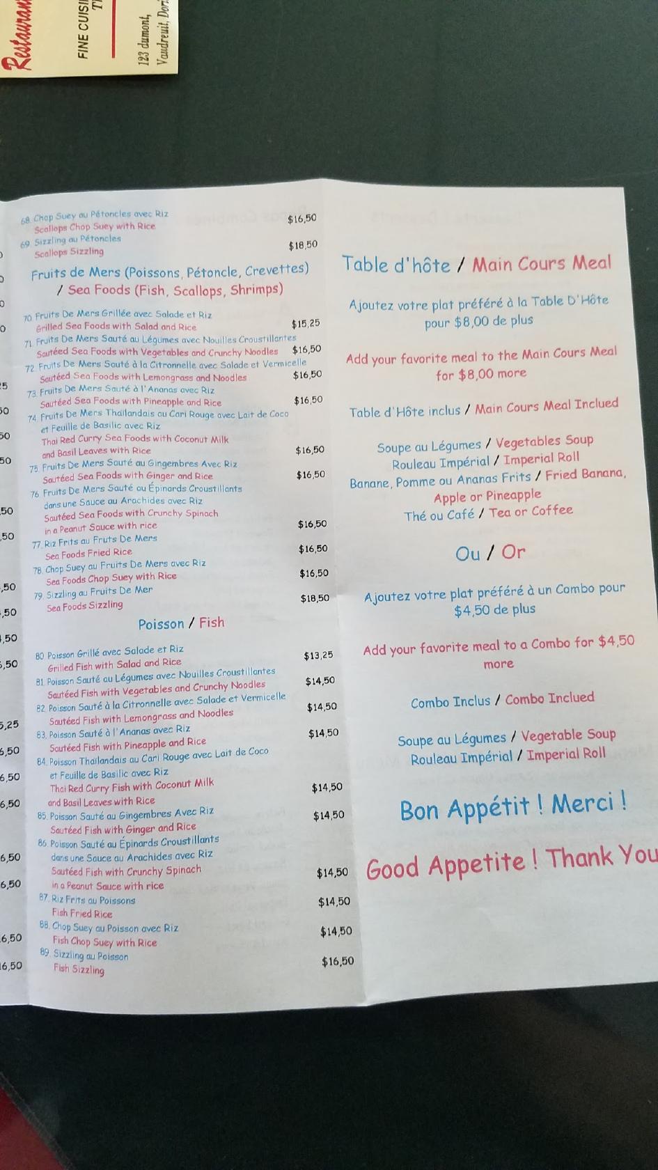 Menu au Restaurant Chez Lam, Vaudreuil-Dorion