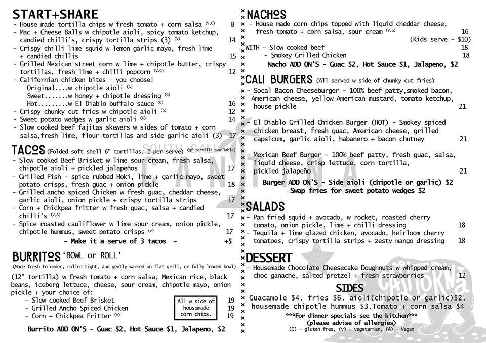 Menu at South Cali Cantina Albury pub & bar, Albury