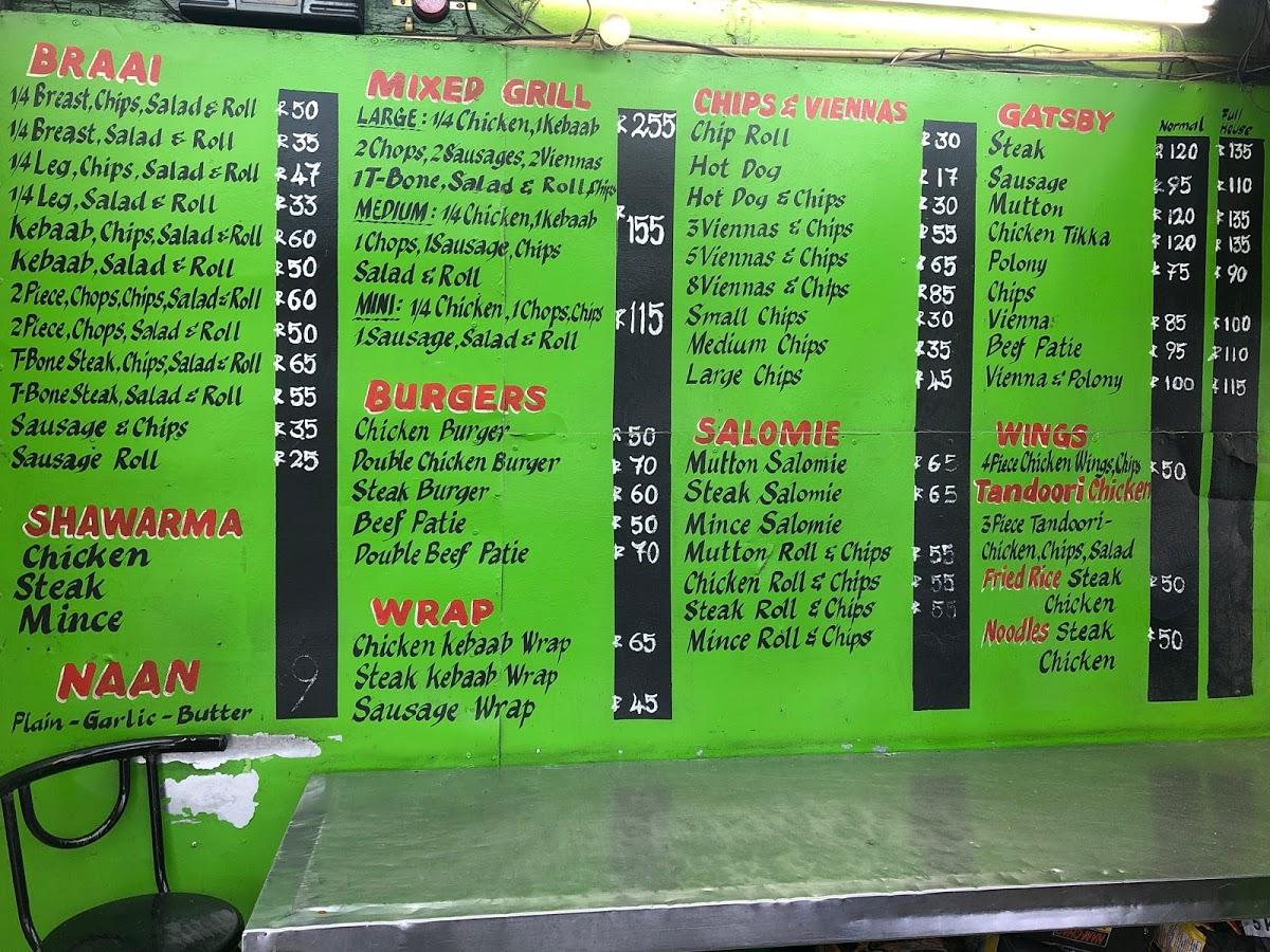 Menu au Altaf Chicken Tikka restaurant, Le Cap