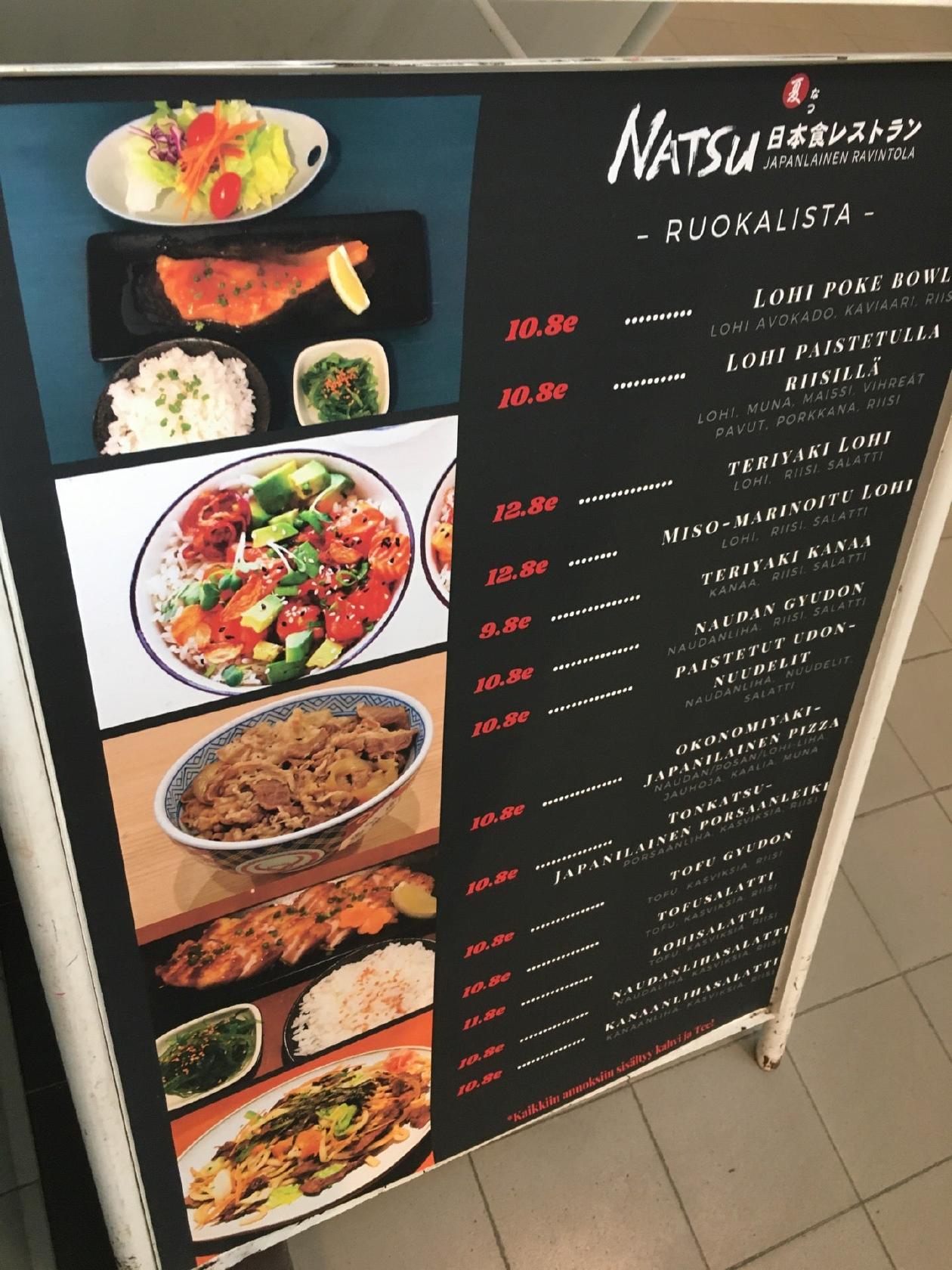 Menu at Natsu restaurant, Tampere