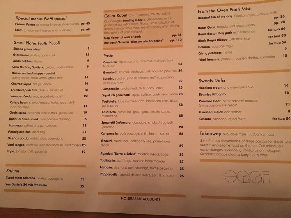 Menu at Osteria Oggi restaurant, Adelaide, 76 Pirie St