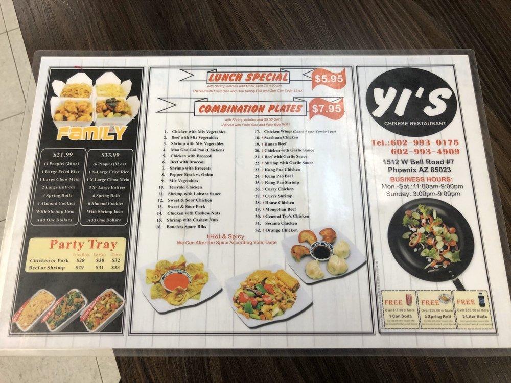 Menu at Yi's Chinese Restaurant, Phoenix