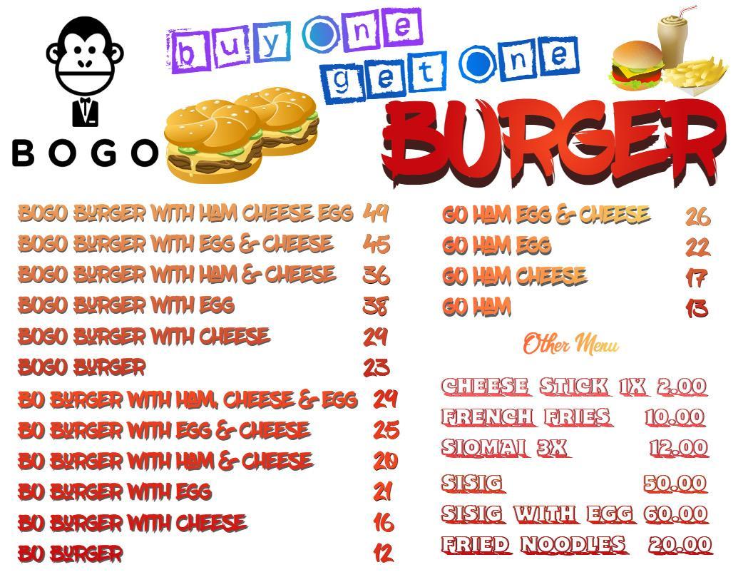Menu at BOGO Burger (Buy One Get One) restaurant, Caloocan