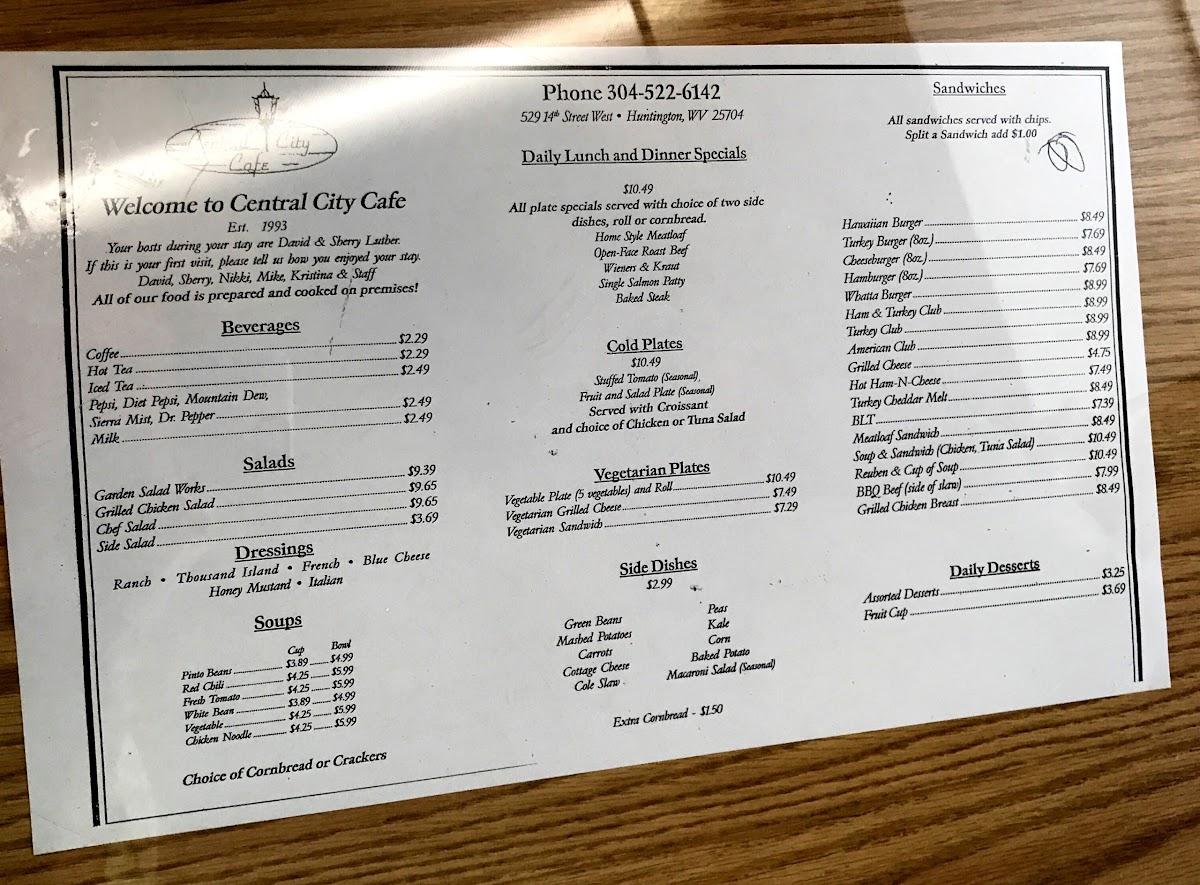 Menu at Central City Cafe, Huntington, 529 14th St W