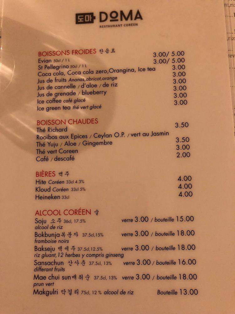 Menu at Doma restaurant, Paris