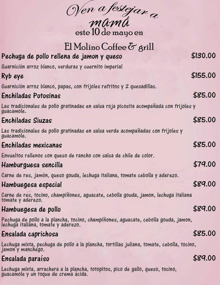 Carta del restaurante El Molino, Montemorelos