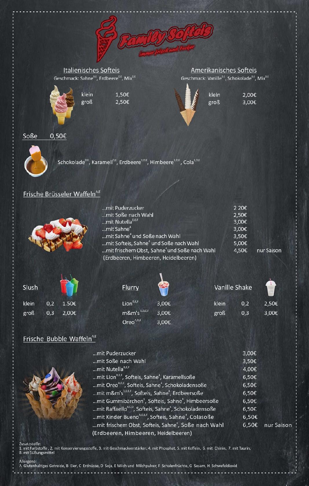 Menu at Family Softeis restaurant, Osnabrück