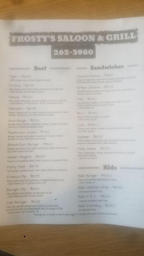 Menu at Frosty's Saloon & Grill pub & bar, Napavine, 113 W Front St