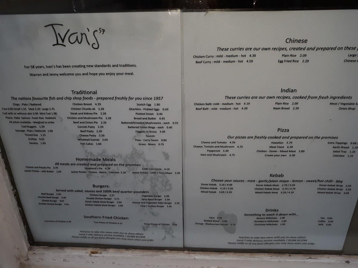 Menu at Ivan's fish and Chip Shop fast food, Cradley Heath