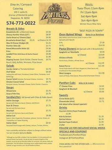 Menu at Panthers Pizza pizzeria, Nappanee