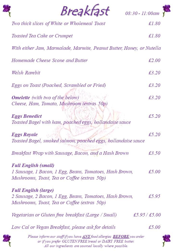 Menu at Roses Pantry cafe, Ravenshead