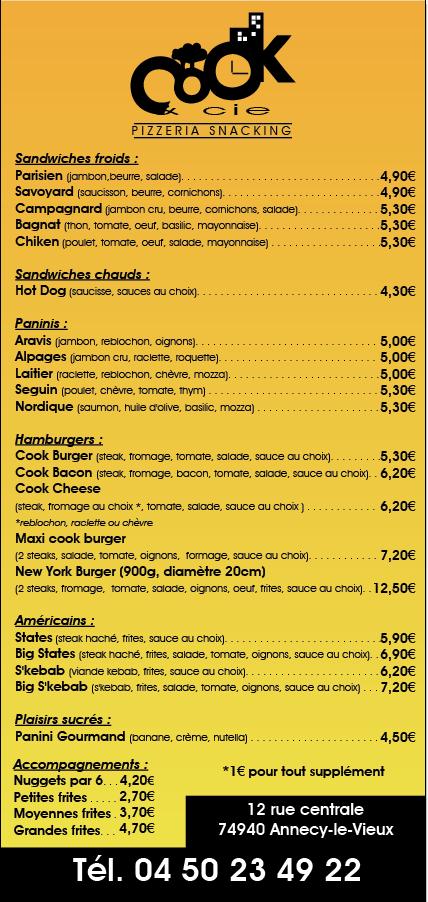 Menu at Cook & Cie restaurant, Annecy