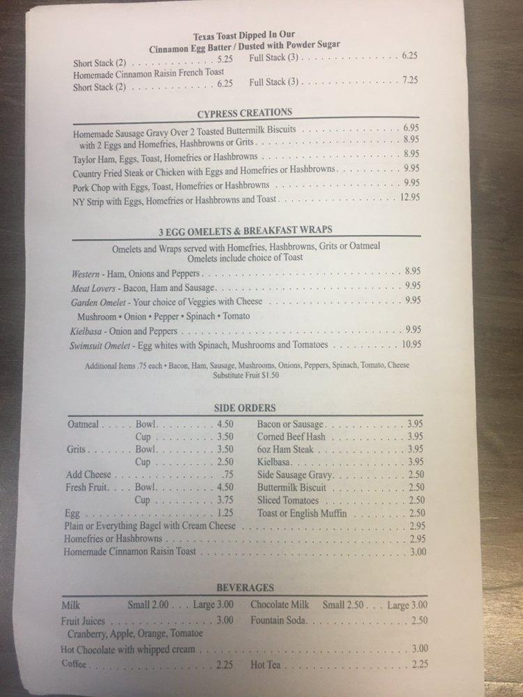 Menu at Cypress Cafe, Tequesta