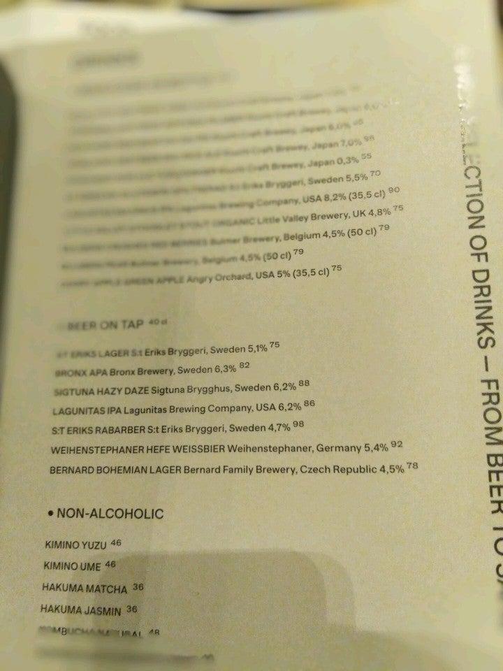 Menu at Goma restaurant, Stockholm