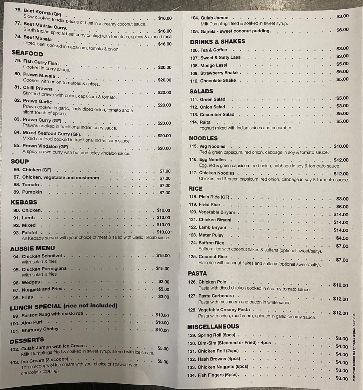 Menu at Kebab n Curry Hut restaurant, Swan Hill