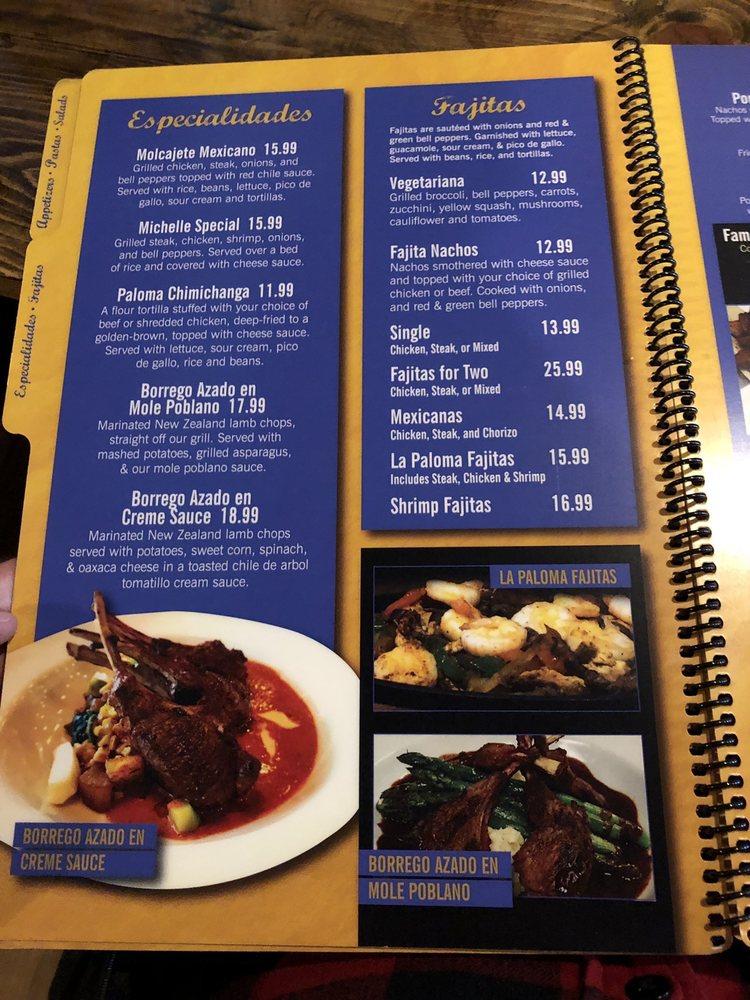 Menu at La Paloma restaurant, Springfield, E Sunshine St