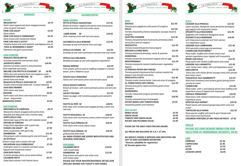 Menu at La Pergola Restaurant, Lyndhurst