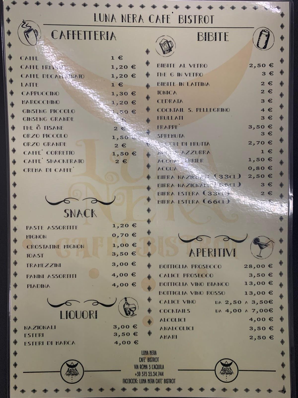 Menu at Luna Nera Cafè Bistrot pub & bar, L'Aquila