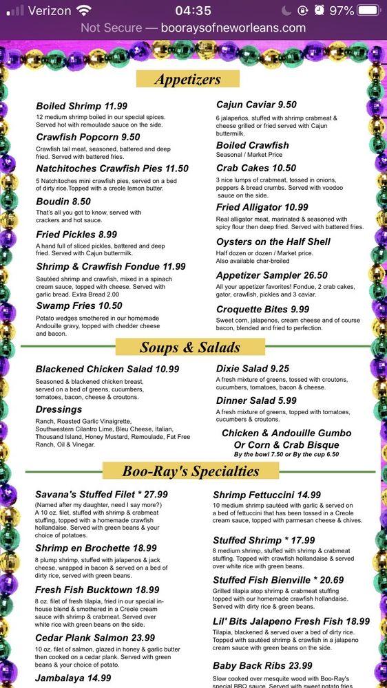 Menu at Boo Rays of New Orleans restaurant, Crowley